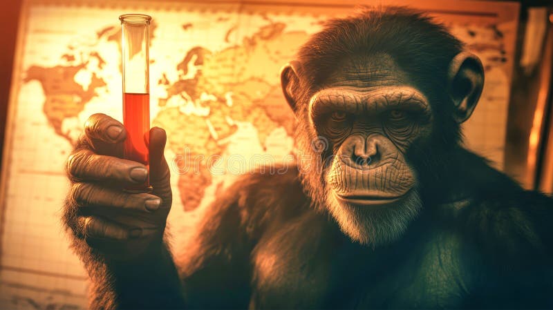 A Large Monkey Holds Up a Test Tube Filled with Red Liquid, Positioned ...