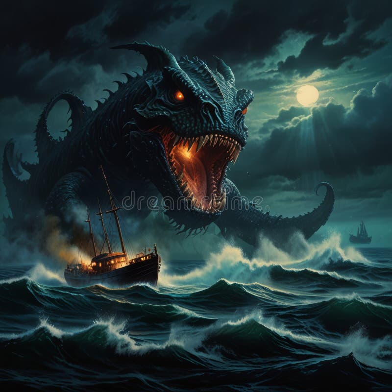 A Large Monster is Attacking a Small Boat in the Ocean Stock ...