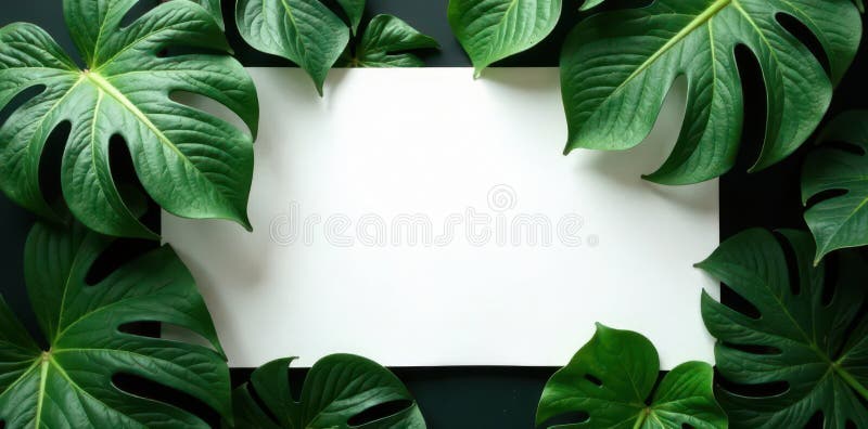Large Monstera Deliciosa Leaves Surrounding Empty White Sheet on Black ...