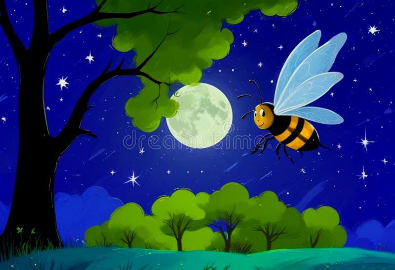 A Large Moon in a Night Sky with a Smiling Bee Flying in Front of it ...