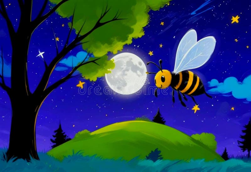 A Large Moon in a Night Sky with a Smiling Bee Flying in Front of it ...
