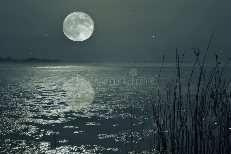 A Large Moon is Reflected in the Water of a Lake Stock Photo - Image of ...