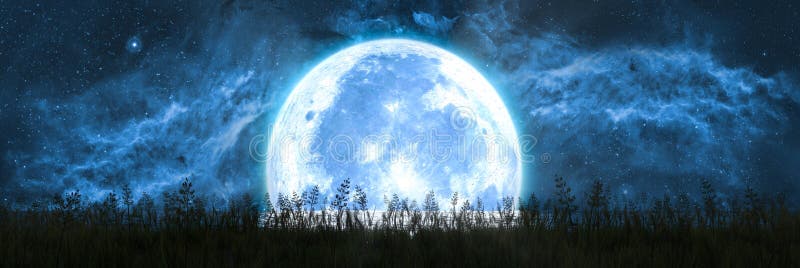 Large Moon Sets Over the Ocean Horizon and Illuminates the Grass on the ...
