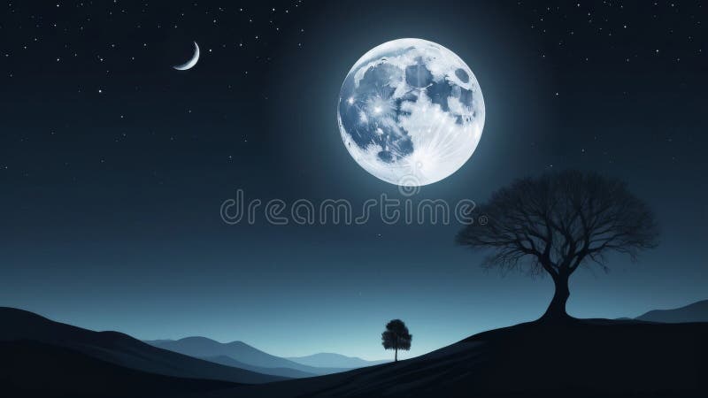A Large Moon Shines Over a Lone Tree Stock Illustration - Illustration ...
