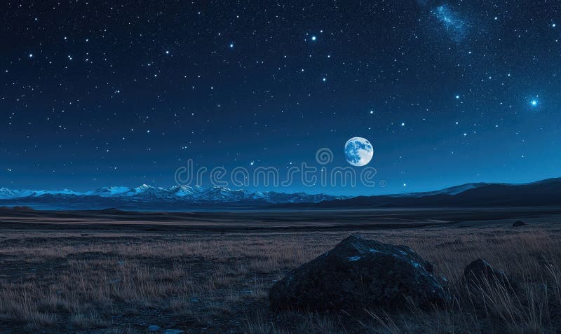 A Large Moon is Shining Brightly in the Night Sky Over a Vast, Empty ...