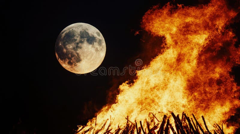 Large Moon is in the Sky Above a Fire Stock Image - Image of wild ...