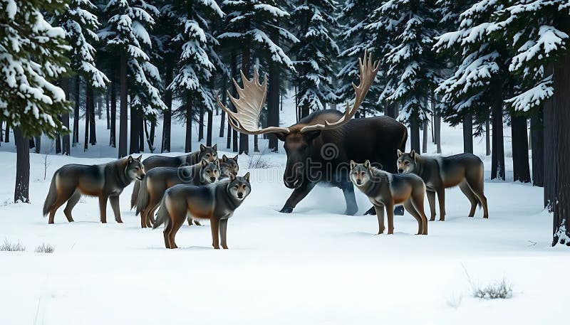 Majestic Moose and Wolves in a Winter Forest: a Serene Wildlife ...