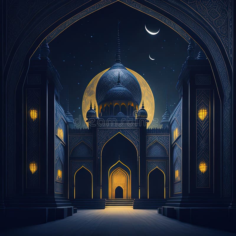 A Large Mosque with a Moon in the Background Stock Illustration ...