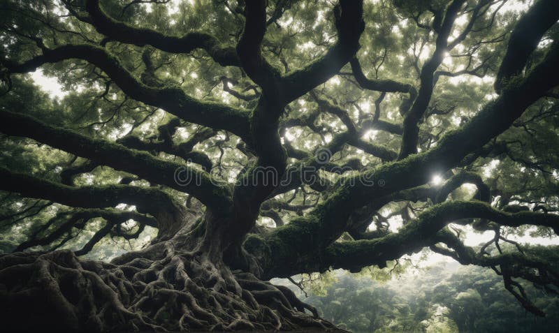 A Large, Moss-covered Oak Tree Reaches Towards the Sunlight in a Lush ...
