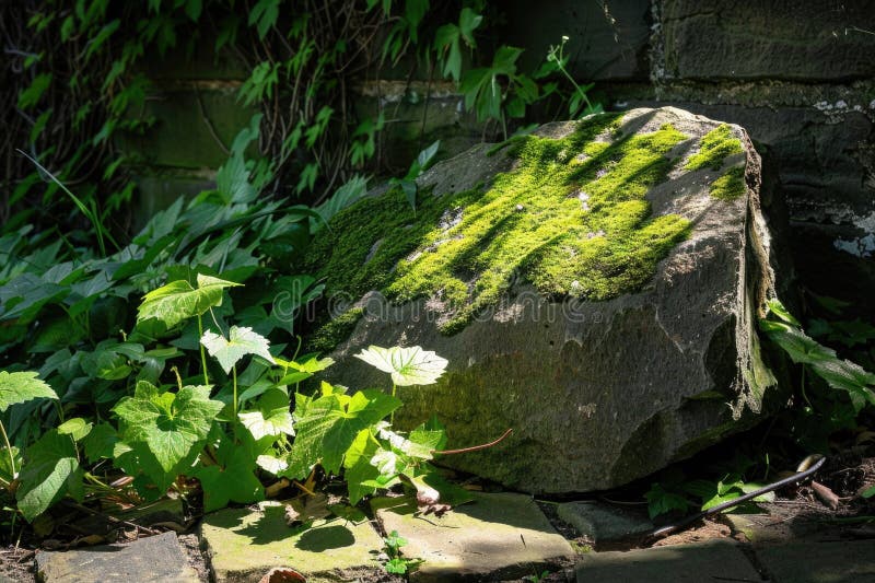 A Large Moss-covered Stone Rests in a Patch of Sunlight in a Lush ...