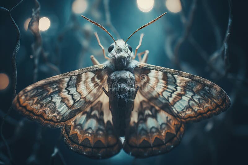 A Large Moth Sitting on Top of a Leaf Covered Tree Stock Illustration ...