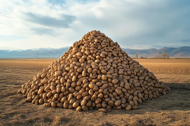 Large Mound of Harvested Potatoes Creates a Striking Pyramid Against a ...