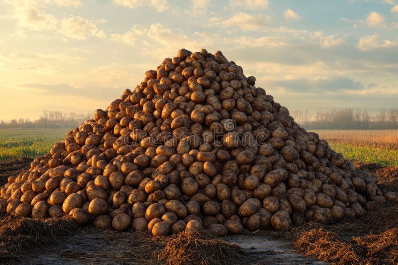 Large Mound of Potatoes Forming a Pyramid Shape in a Farm Field, Bathed ...