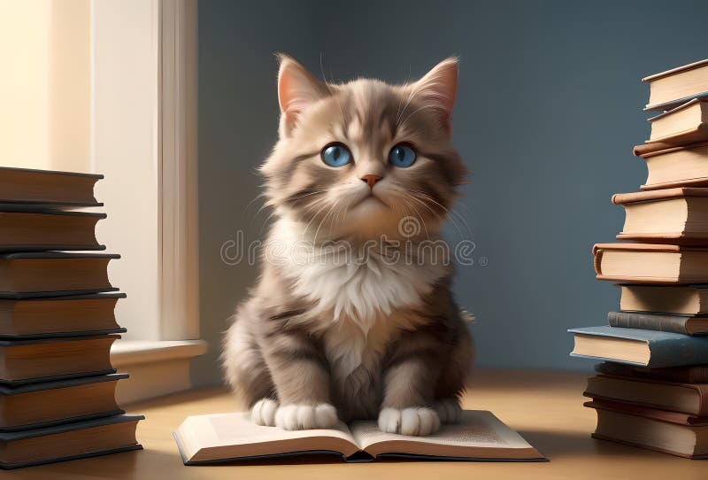 A Large Mountain of Books and Textbooks and a Cat Reading Stock Photo ...