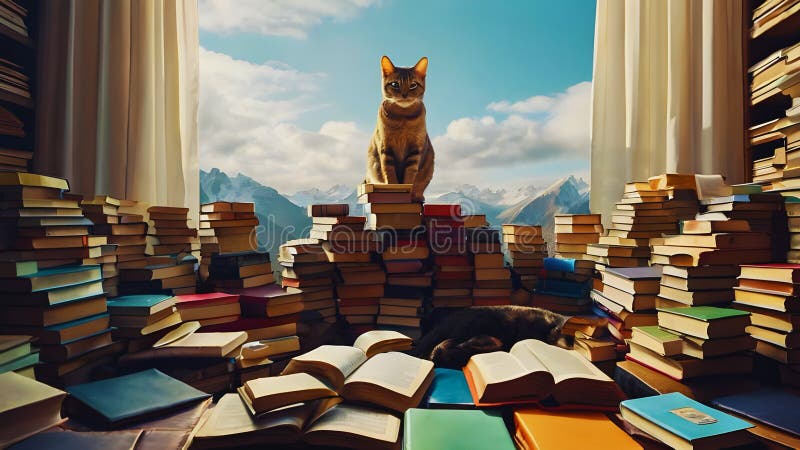 A Large Mountain of Books and Textbooks and a Cat Reading Stock ...