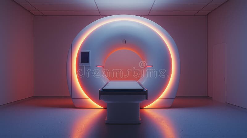 A Large MRI Machine with a Red Light Around it. the Room is Dimly Lit ...