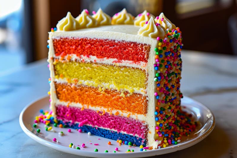 Large Multi-colored Cake Sits on Plate. Generative AI Stock Photo ...
