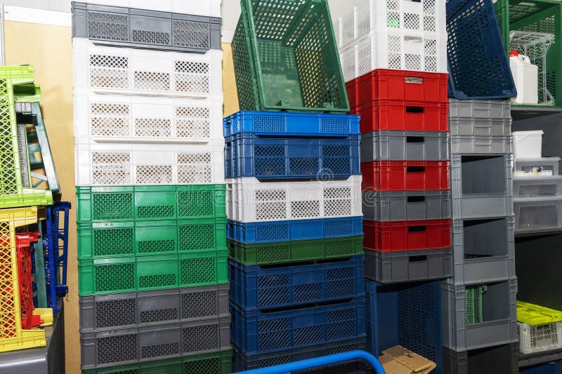 Large Multi-colored Plastic Boxes for Goods and Products Stand As a ...