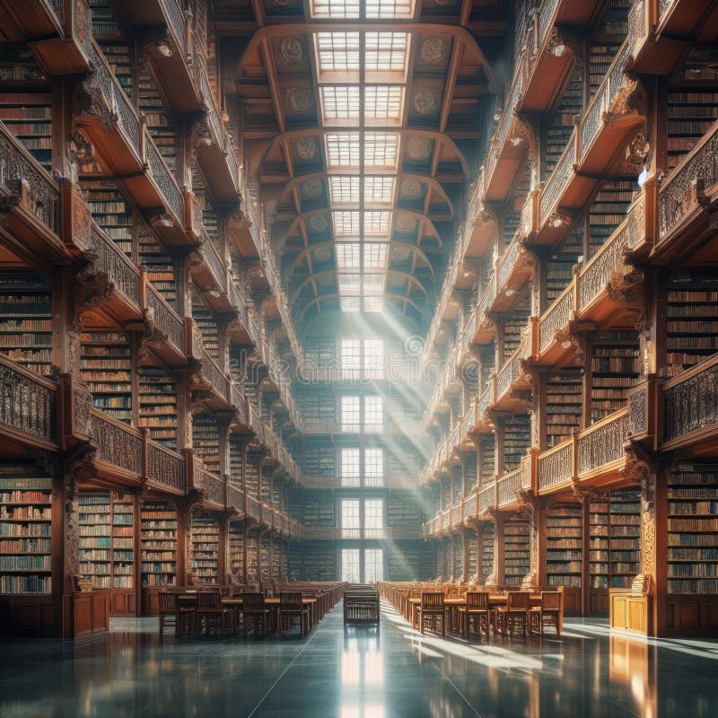 A Large, Multi-storey Hall of the Book Library. Stock Illustration ...