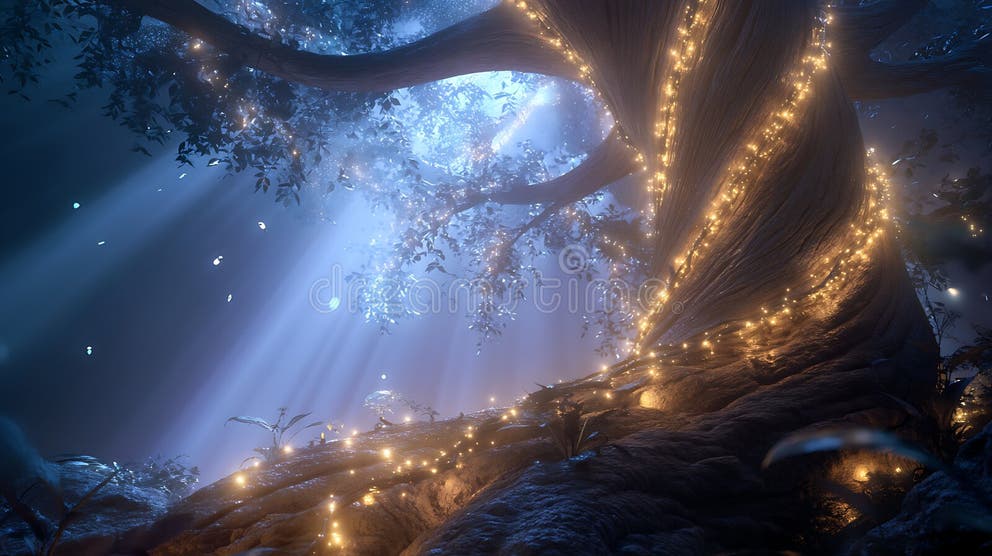 A Large, Mystical Tree is Illuminated by Ethereal Blue and White Light ...