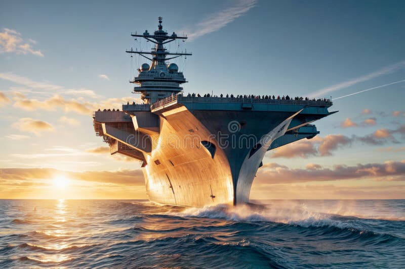 A Large Navy Aircraft Carrier is Sailing in the Ocean with the Sun ...