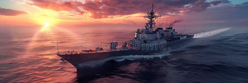 A Large Navy Ship Sailing through the Ocean at Sunset, AI Stock Image ...