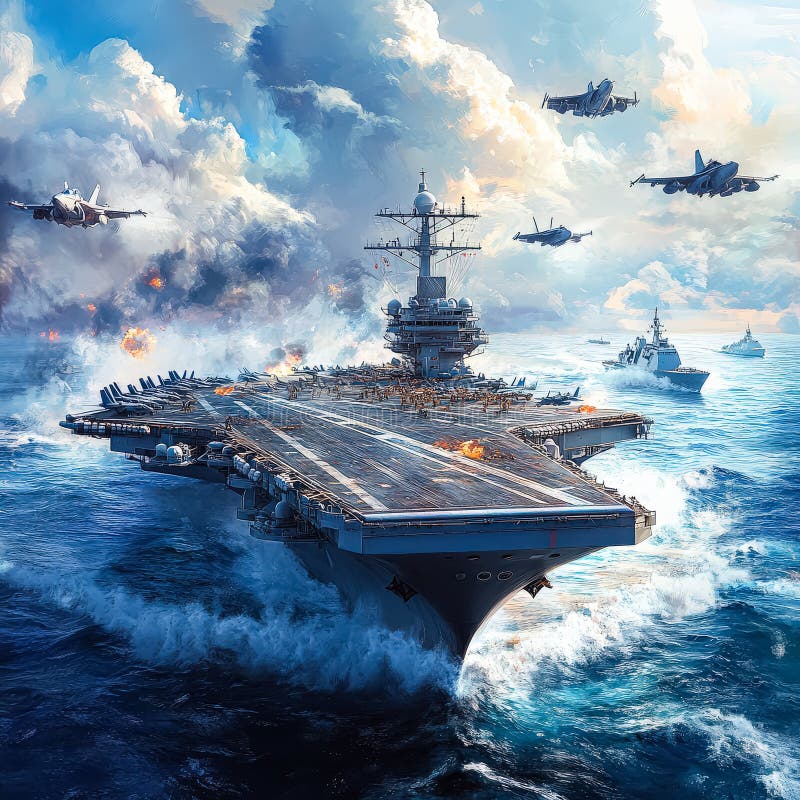 Large Navy Ship is Surrounded by Other Ships and Planes in a Battle ...