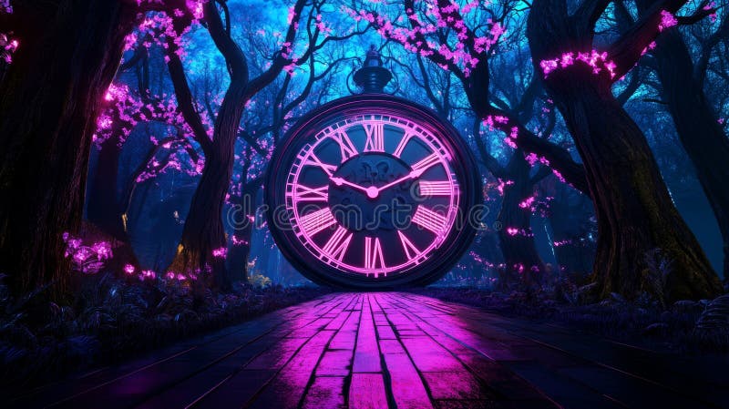 Neon Clock in Enchanted Forest Stock Illustration - Illustration of ...