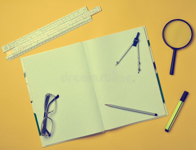 A Large Notebook For Notes And Drafting With Stationery Objects. Stock ...