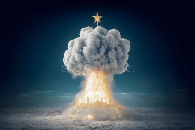 Nuclear Mushroom Cloud Rising Above City Skyline with Dramatic Lighting ...