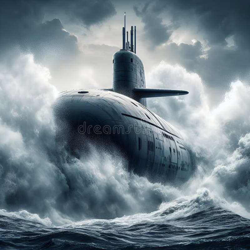 A Large Nuclear Submarine Breaks through Raging Waves of the Sea Stock ...