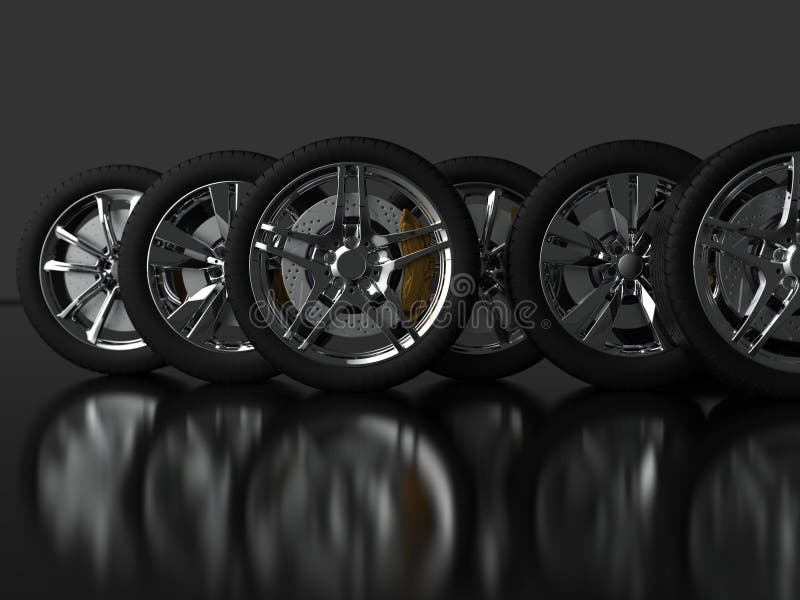 A Large Number of Auto Wheels with Chrome Rims. Stock Illustration ...