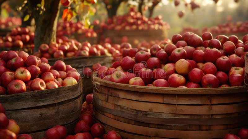 A Large Number of Baskets Filled with Apples are Sitting on the Ground ...