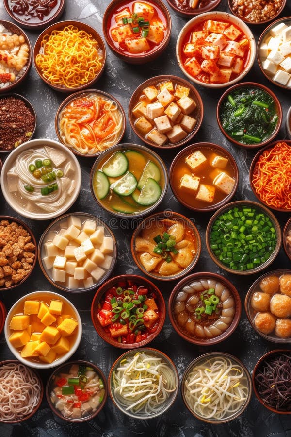 A Large Number of Bowls Filled with Different Types of Food, AI Stock ...