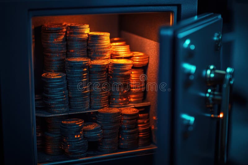 A Large Number of Coins are Piled Up Inside a Safe Stock Illustration ...