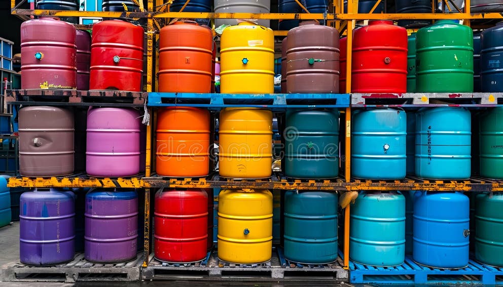 A Large Number of Colored Gas Cylinders in a Warehouse Stock Image ...