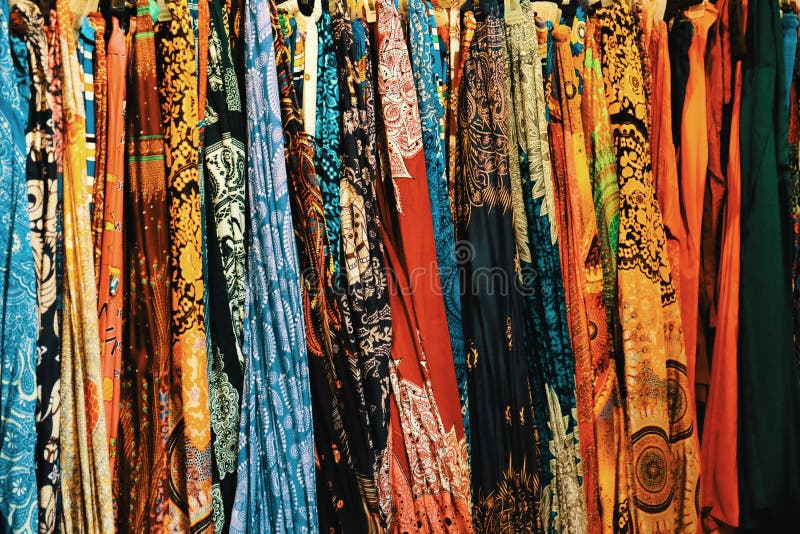 A Large Number of Colorful Shawls, Patterned Textiles, Background Stock ...