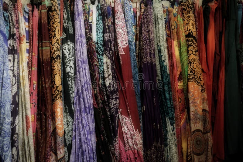 A Large Number of Colorful Shawls, Patterned Textiles, Background Stock ...