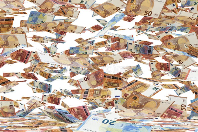 A Large Number of Euro Banknotes Falling Down, on White Background ...