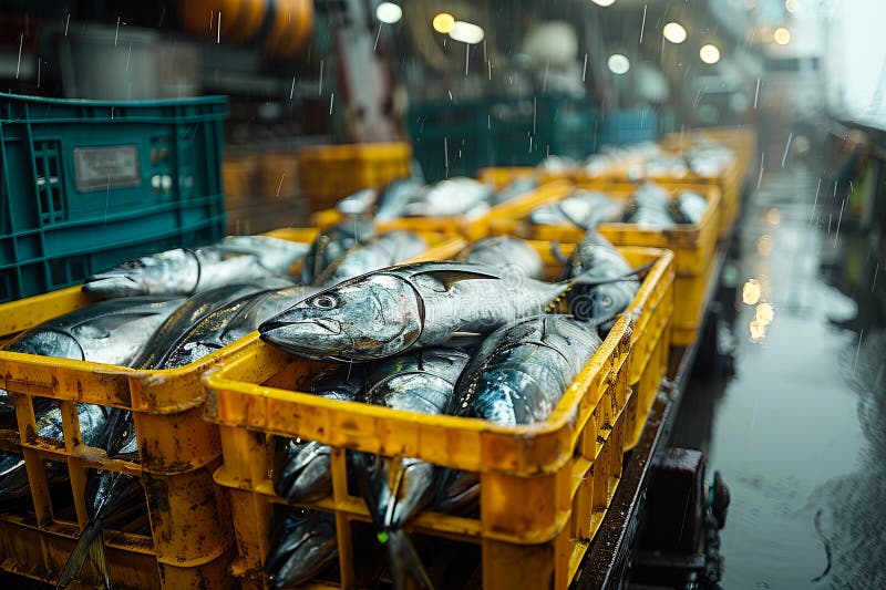 A Large Number of Fish in Crates on a Dock Stock Image - Image of ...