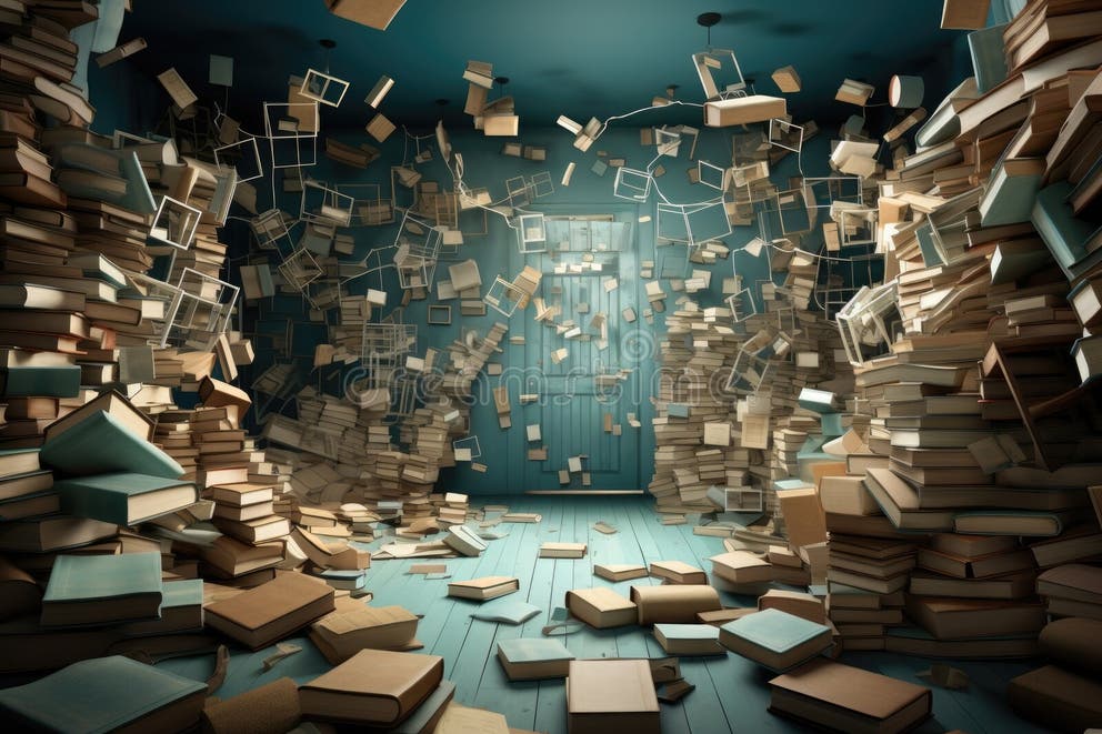A Large Number of Levitating Books in a Closed Room Stock Illustration ...