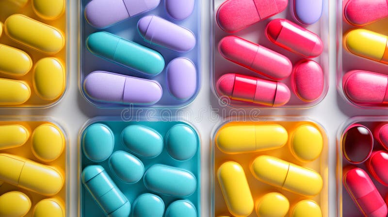 A Large Number of Multi-colored Tablets and Vitamins, Close-up. Stock ...