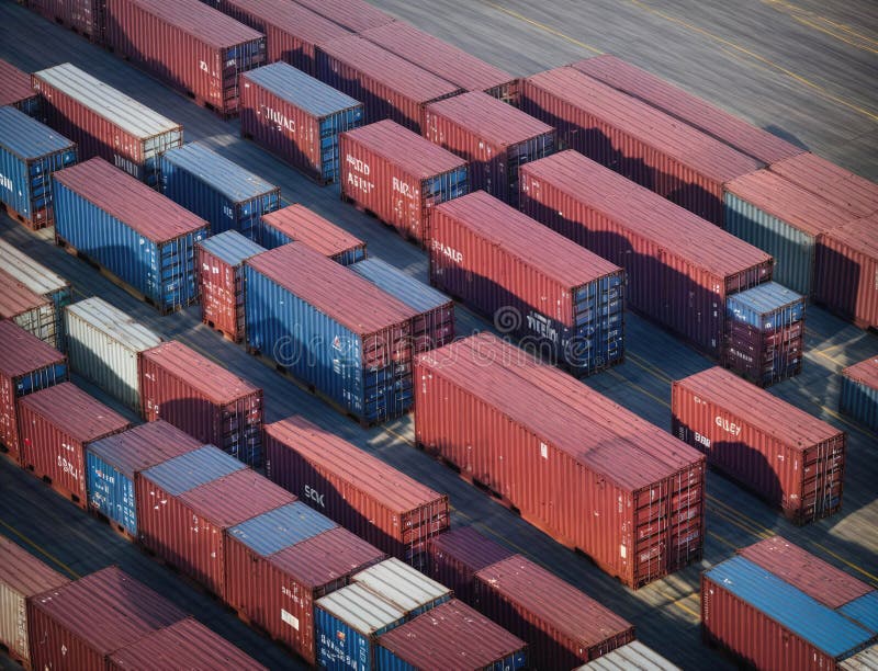 A Large Number of Red and Blue Shipping Containers are Stacked in a ...