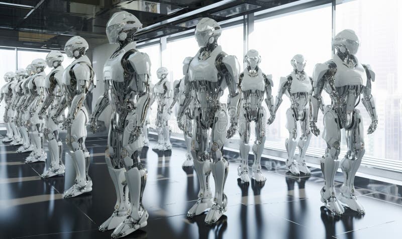 Large Number of Robots in a Laboratory or Hangar Facility. Futuristic ...