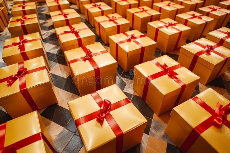 A Large Number of Yellow Boxes with Red Ribbons and Bows. Generative AI ...