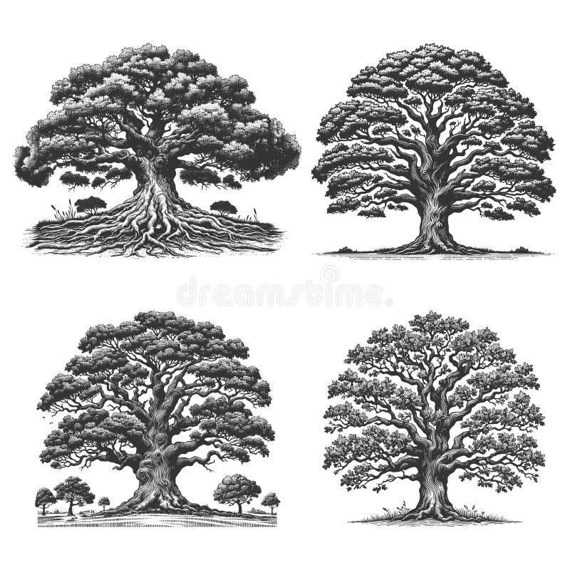 Large Oak Tree Engraving Set Vector Collection Stock Illustration ...