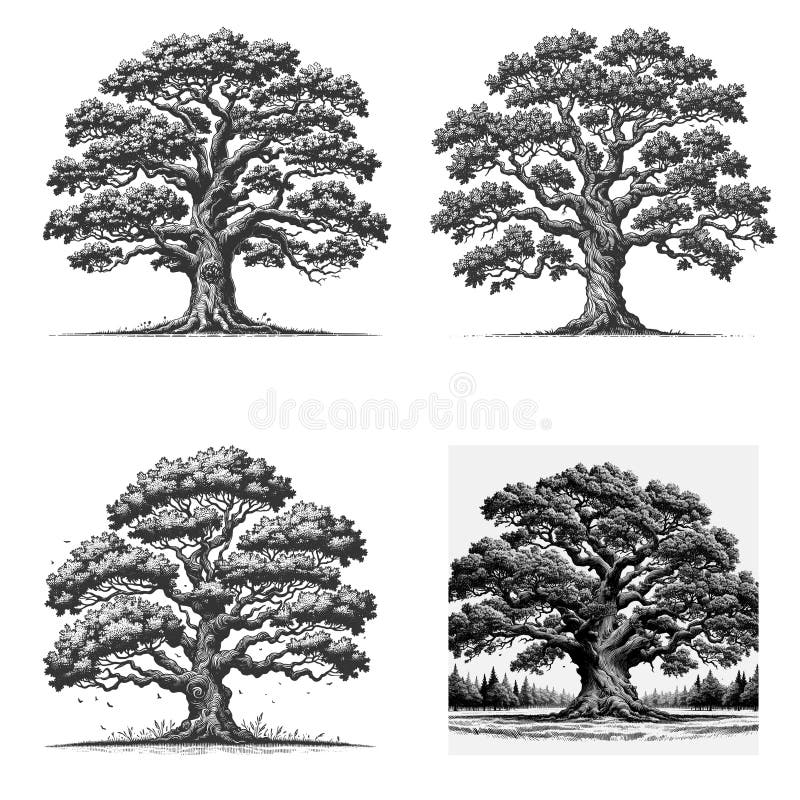 Large Oak Tree Engraving Set Vector Collection Stock Illustration ...