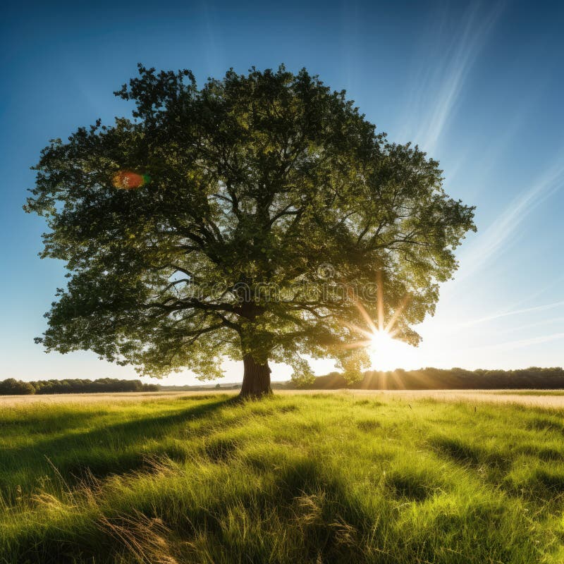 Large Oak Tree in Field with Sun Shining through it Stock Illustration ...