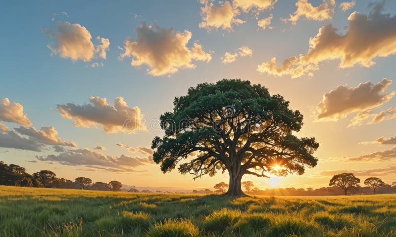 Large Oak Tree with Thick Trunk and Sprawling Branches Stands in Field ...