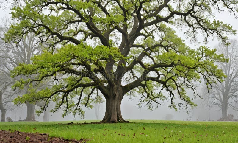 Large Oak Tree with Thick Trunk and Sprawling Branches Stands in Foggy ...